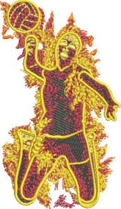Embroidery Design: Fire Volleyball Player 3 Sizes