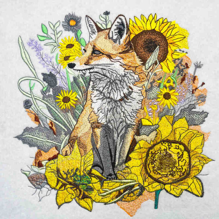 Premium Embroidery Design: Sunflower Fox 3 – 5 sizes | Embroidery Legacy