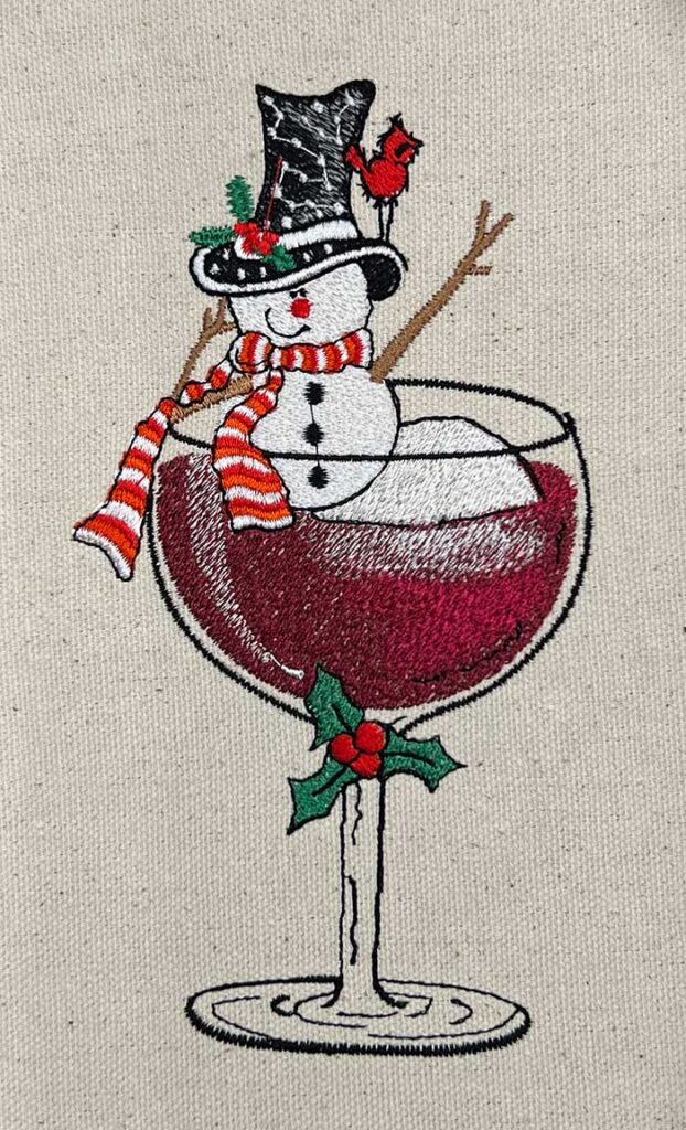 Premium Embroidery Design: Snowman In Wine Glass – 3 sizes